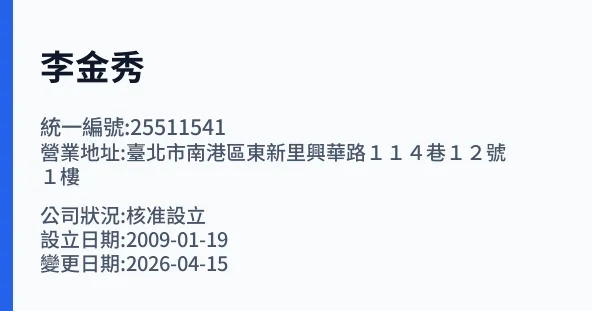李金秀的照片-統編 25511541(臺北市) 公司登記資料與營業項目詳細圖表