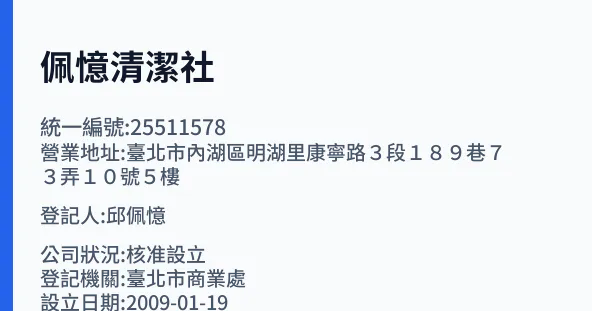 佩憶清潔社的照片-統編 25511578(臺北市) 公司登記資料與營業項目詳細圖表