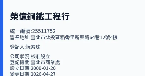 榮億鋼鐵工程行的照片-統編 25511752(臺北市) 公司登記資料與營業項目詳細圖表