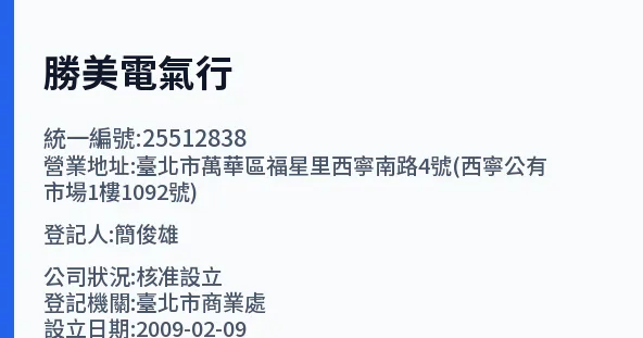 勝美電氣行的照片-統編 25512838(臺北市) 公司登記資料與營業項目詳細圖表