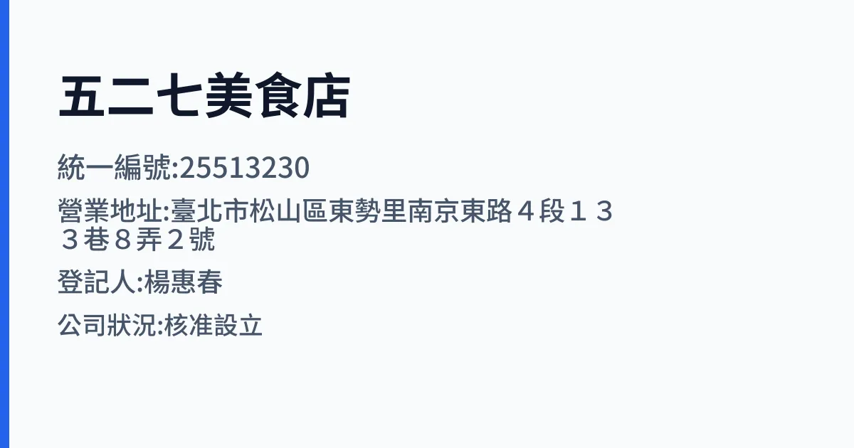 五二七美食店 - 統編 25513230(臺北市) 公司登記資料與營業項目詳細圖表
