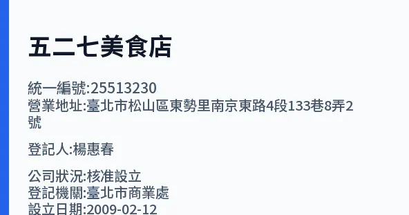 五二七美食店的照片-統編 25513230(臺北市) 公司登記資料與營業項目詳細圖表