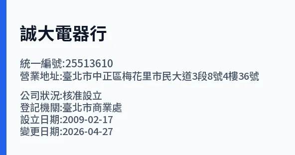 誠大電器行的照片-統編 25513610(臺北市) 公司登記資料與營業項目詳細圖表
