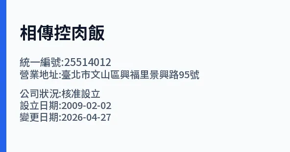 相傳控肉飯的照片-統編 25514012(臺北市) 公司登記資料與營業項目詳細圖表