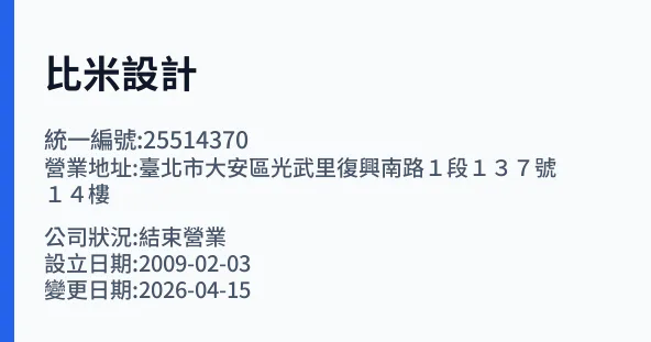 比米設計的照片-統編 25514370(臺北市) 公司登記資料與營業項目詳細圖表