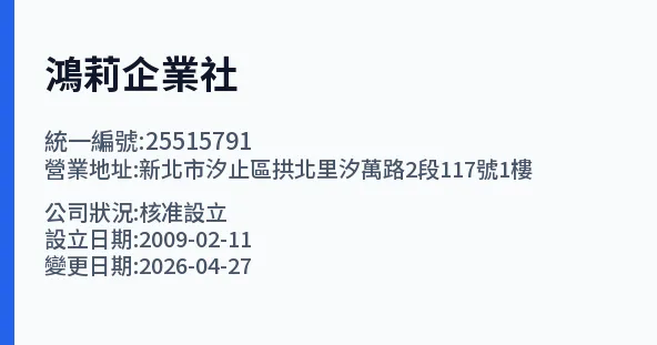 鴻莉企業社的照片-統編 25515791(新北市) 公司登記資料與營業項目詳細圖表
