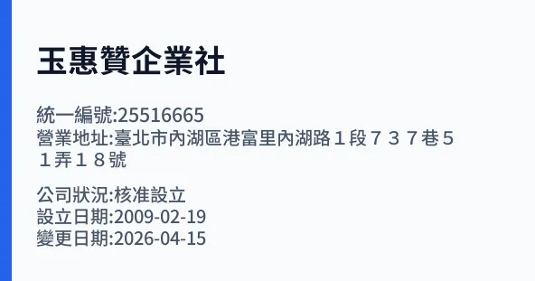 玉惠贊企業社的照片-統編 25516665(臺北市) 公司登記資料與營業項目詳細圖表
