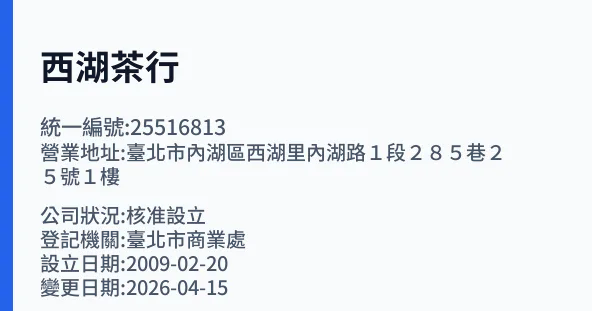 西湖茶行的照片-統編 25516813(臺北市) 公司登記資料與營業項目詳細圖表