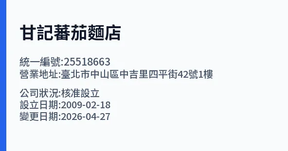 甘記蕃茄麵店的照片-統編 25518663(臺北市) 公司登記資料與營業項目詳細圖表
