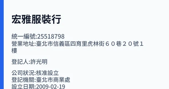 宏雅服裝行的照片-統編 25518798(臺北市) 公司登記資料與營業項目詳細圖表