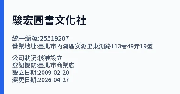駿宏圖書文化社的照片-統編 25519207(臺北市) 公司登記資料與營業項目詳細圖表