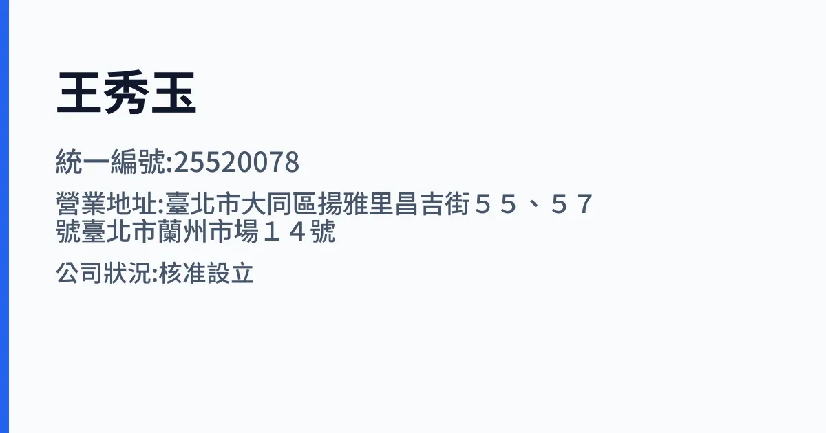 王秀玉 - 統編 25520078(臺北市) 公司登記資料與營業項目詳細圖表