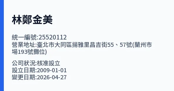 林鄭金美的照片-統編 25520112(臺北市) 公司登記資料與營業項目詳細圖表