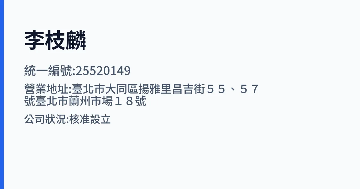 李枝麟 - 統編 25520149(臺北市) 公司登記資料與營業項目詳細圖表