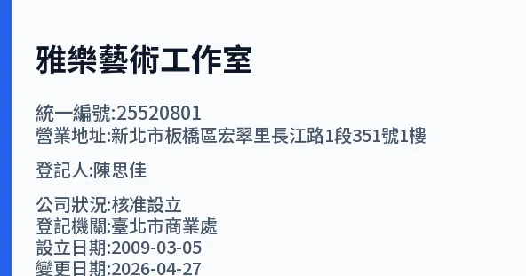 雅樂藝術工作室的照片-統編 25520801(新北市) 公司登記資料與營業項目詳細圖表