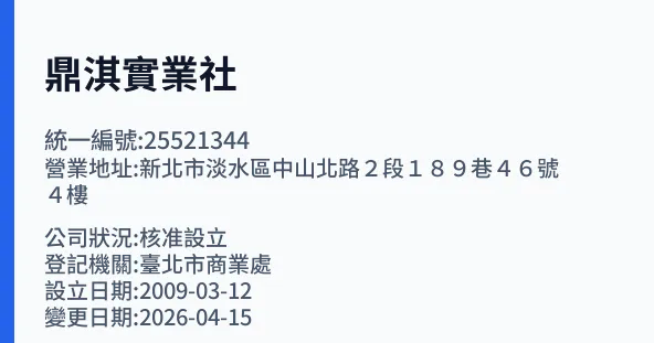 鼎淇實業社的照片-統編 25521344(新北市) 公司登記資料與營業項目詳細圖表