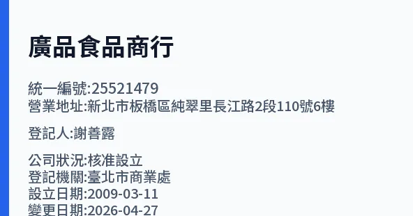 廣品食品商行的照片-統編 25521479(新北市) 公司登記資料與營業項目詳細圖表