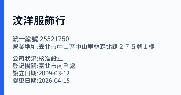 汶洋服飾行的照片-統編 25521750(臺北市) 公司登記資料與營業項目詳細圖表