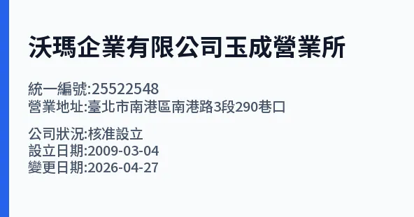 沃瑪企業有限公司玉成營業所的照片-統編 25522548(臺北市) 公司登記資料與營業項目詳細圖表