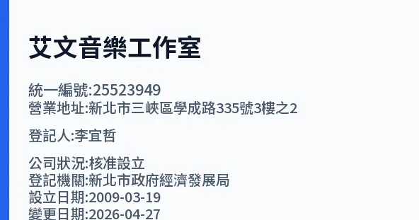 艾文音樂工作室的照片-統編 25523949(新北市) 公司登記資料與營業項目詳細圖表