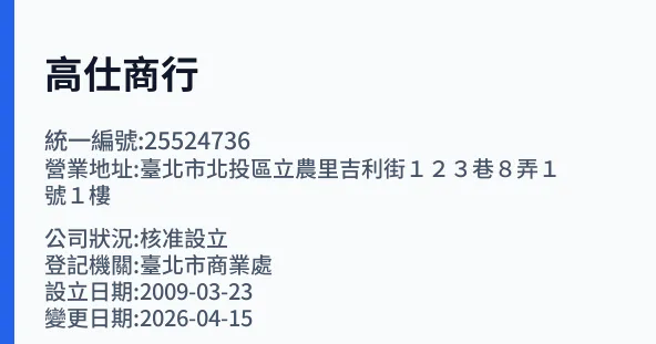 高仕商行的照片-統編 25524736(臺北市) 公司登記資料與營業項目詳細圖表