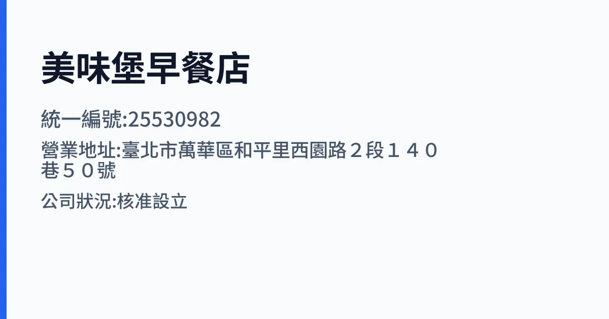 美味堡早餐店 - 統編 25530982(臺北市) 公司登記資料與營業項目詳細圖表