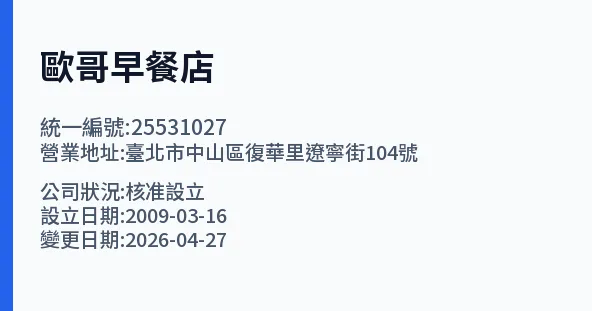歐哥早餐店的照片-統編 25531027(臺北市) 公司登記資料與營業項目詳細圖表