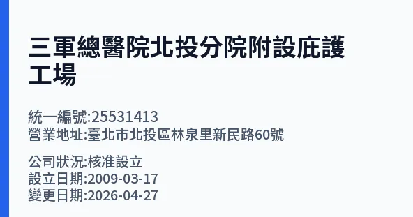 三軍總醫院北投分院附設庇護工場的照片-統編 25531413(臺北市) 公司登記資料與營業項目詳細圖表