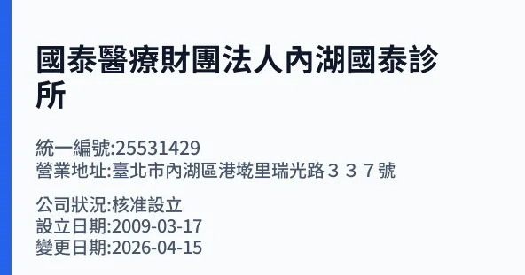 國泰醫療財團法人內湖國泰診所的照片-統編 25531429(臺北市) 公司登記資料與營業項目詳細圖表