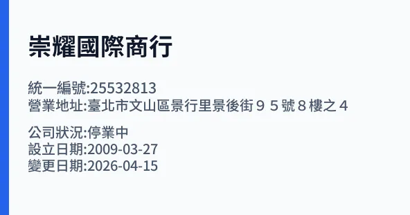 崇耀國際商行的照片-統編 25532813(臺北市) 公司登記資料與營業項目詳細圖表