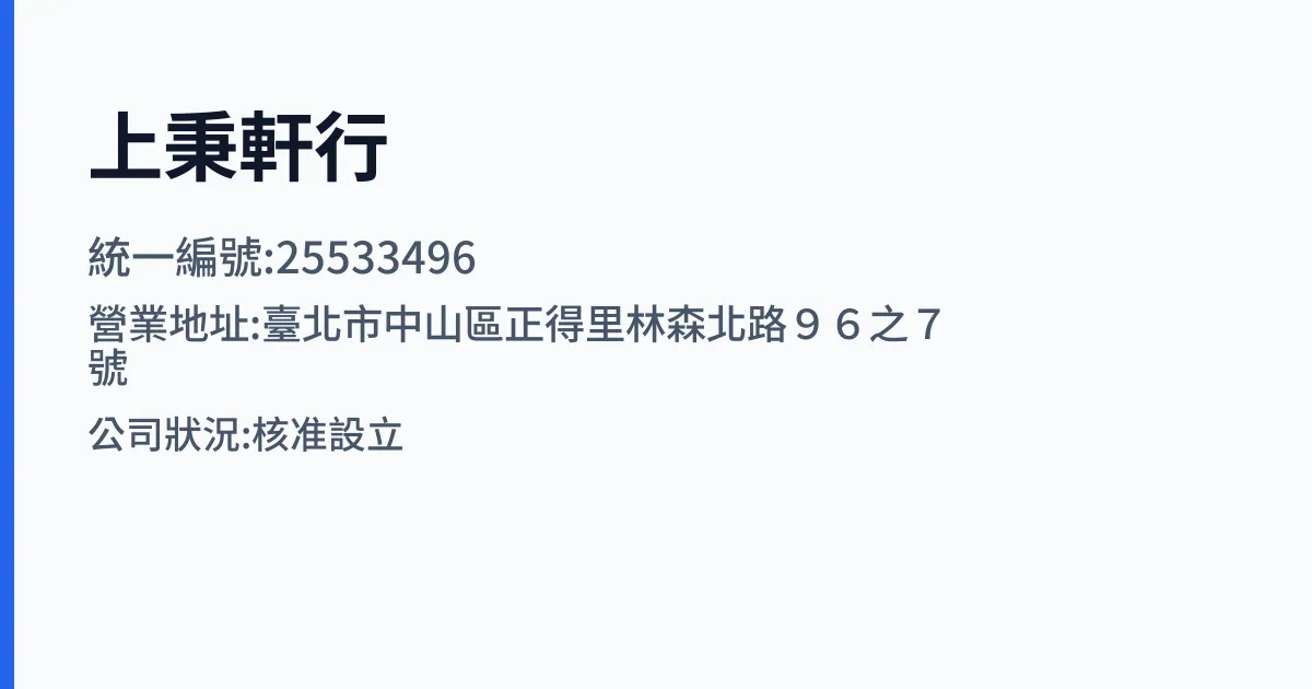 上秉軒行 - 統編 25533496(臺北市) 公司登記資料與營業項目詳細圖表