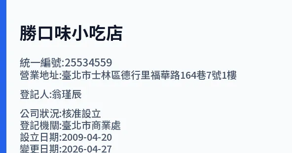 勝口味小吃店的照片-統編 25534559(臺北市) 公司登記資料與營業項目詳細圖表