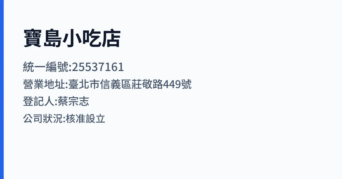 寶島小吃店 - 統編 25537161(臺北市) 公司登記資料與營業項目詳細圖表