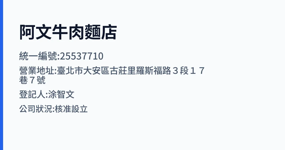 阿文牛肉麵店 - 統編 25537710(臺北市) 公司登記資料與營業項目詳細圖表