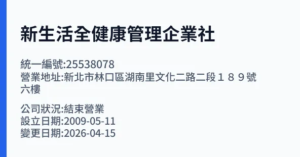 新生活全健康管理企業社的照片-統編 25538078(新北市) 公司登記資料與營業項目詳細圖表