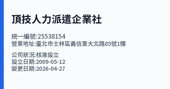 頂技人力派遣企業社的照片-統編 25538154(臺北市) 公司登記資料與營業項目詳細圖表