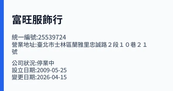 富旺服飾行的照片-統編 25539724(臺北市) 公司登記資料與營業項目詳細圖表