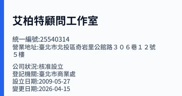 艾柏特顧問工作室的照片-統編 25540314(臺北市) 公司登記資料與營業項目詳細圖表