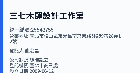 三七木肆設計工作室的照片-統編 25542755(臺北市) 公司登記資料與營業項目詳細圖表