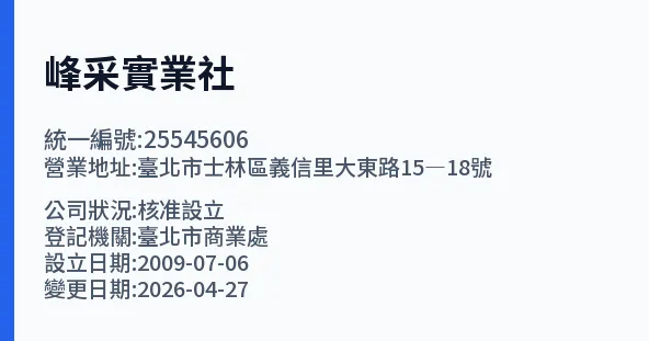 峰采實業社的照片-統編 25545606(臺北市) 公司登記資料與營業項目詳細圖表