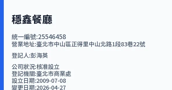 穩鑫餐廳的照片-統編 25546458(臺北市) 公司登記資料與營業項目詳細圖表
