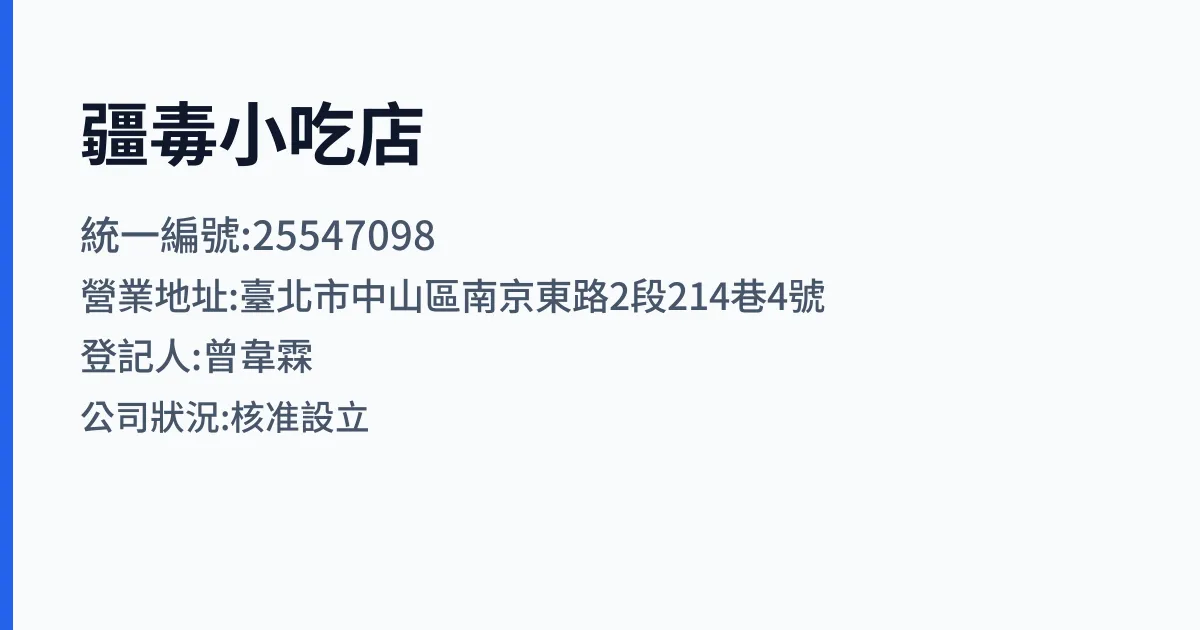 疆毒小吃店 - 統編 25547098(臺北市) 公司登記資料與營業項目詳細圖表