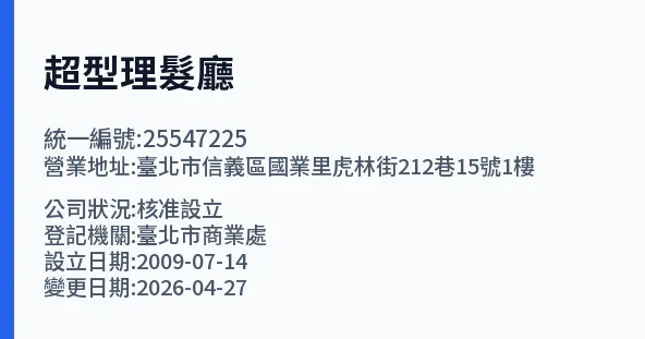超型理髮廳的照片-統編 25547225(臺北市) 公司登記資料與營業項目詳細圖表