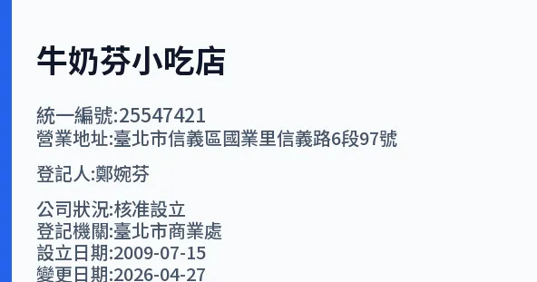 牛奶芬小吃店的照片-統編 25547421(臺北市) 公司登記資料與營業項目詳細圖表
