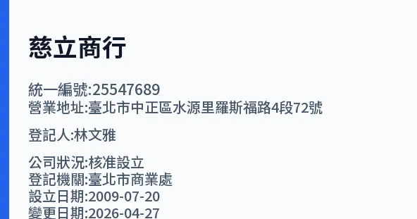 慈立商行的照片-統編 25547689(臺北市) 公司登記資料與營業項目詳細圖表