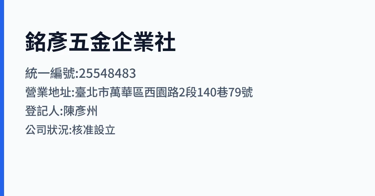 銘彥五金企業社 - 統編 25548483(臺北市) 公司登記資料與營業項目詳細圖表