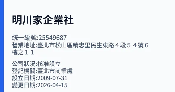 明川家企業社的照片-統編 25549687(臺北市) 公司登記資料與營業項目詳細圖表