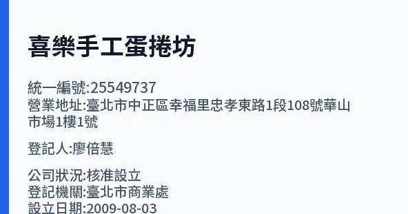 喜樂手工蛋捲坊的照片-統編 25549737(臺北市) 公司登記資料與營業項目詳細圖表