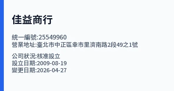 佳益商行的照片-統編 25549960(臺北市) 公司登記資料與營業項目詳細圖表