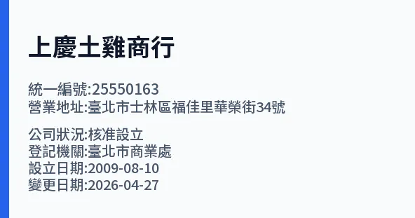 上慶土雞商行的照片-統編 25550163(臺北市) 公司登記資料與營業項目詳細圖表